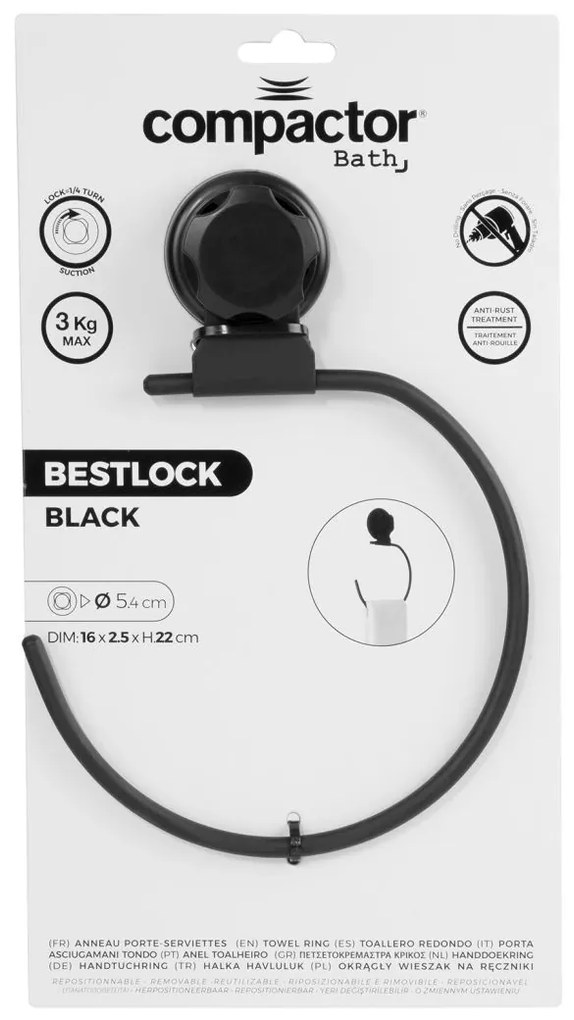 Malý věšák na ručníky Compactor Bestlock Black s přísavkou - bez vrtání, nosnost až 6 kg