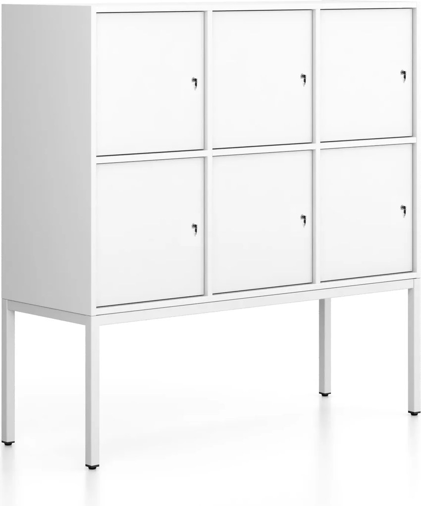 Kancelářská skříň FRAME, nízká, bílá podnož, 6x dveře, 1299 x 450 x 1331 mm, cylindrický zámek, bílá