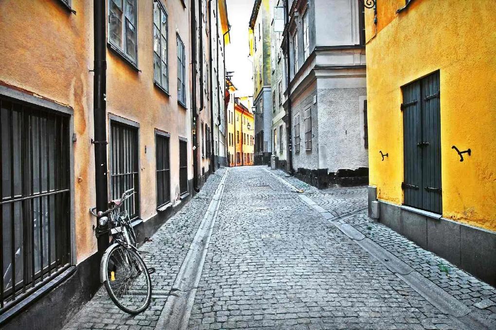 DIMEX | Samolepicí vliesová fototapeta na zeď Stará ulička Stockholmu MA-5-0705 | 375 x 250 cm | žlutá, šedá