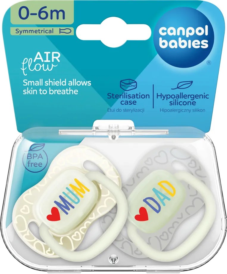 Canpol babies Dudlík svítící silikonový symetrický LOVE MUM&DAD 0-6m 2ks