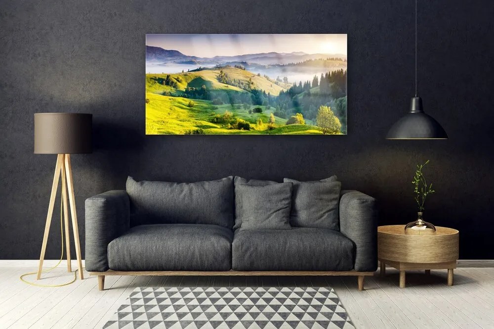 akrylový obraz Hora Pole Mlha Příroda 120x60 cm