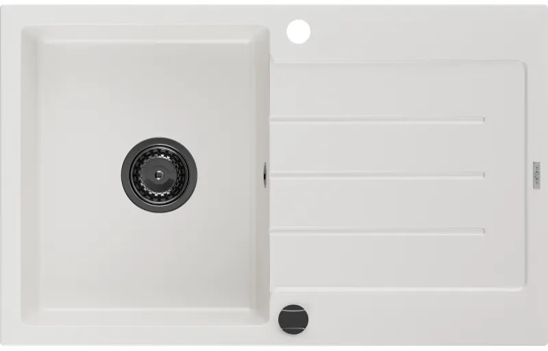Mexen Bruno žulový dřez s odkapávačem 1-komorový 795 x 495 mm, bílý, černý sifon - 6513791010-20-B