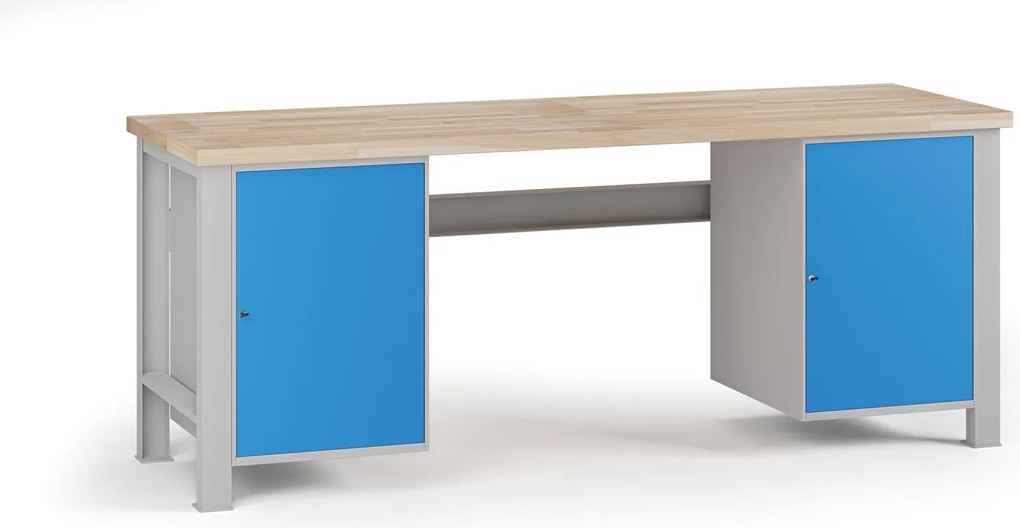 Dílenský pracovní stůl G7, buková spárovka, 2100 x 685 x 840 mm, 2x skříňka, modrá