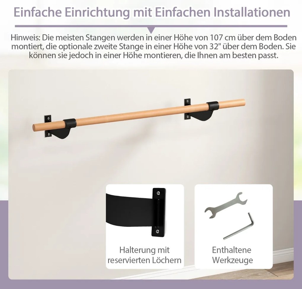 Costway 120 cm dlouhá taneční tyč Nástěnná baletní tyč s pevnou