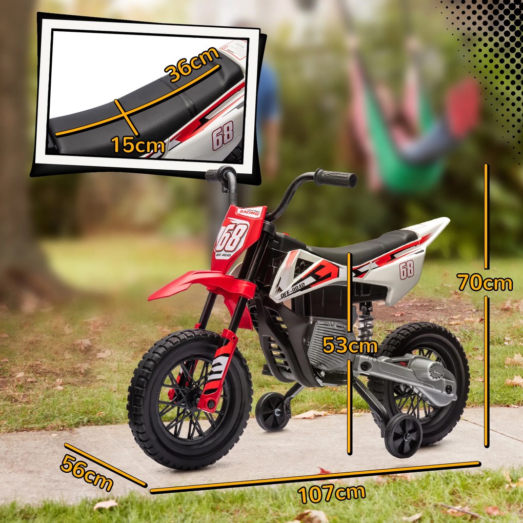 Dětská elektrická motocross motorka AIYAPLAY pro děti 3-6 let, 12V, 2 silné motory, maximální rychlost 5 km/h, stabilizační kolečka, pérování, s hudb…