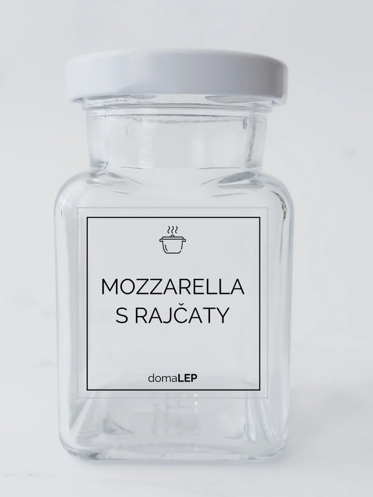 Samolepka na kořenky MOZZARELLA S RAJČATY průhledná 5 × 5 cm základní písmo