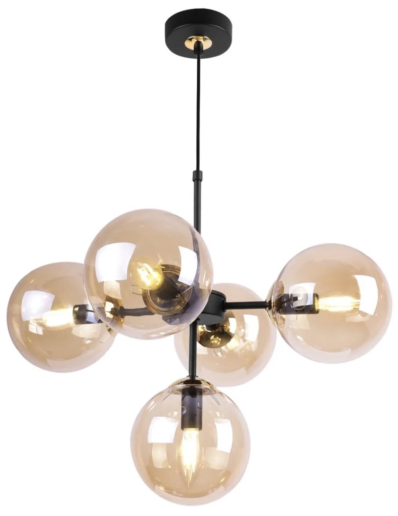 Light for home - Černozlatá Regulovatelná Stropní Lampa se 5 Medově Transparentními Foukanými Stínidly "IMPERIA", 5x40W, E14, Černá