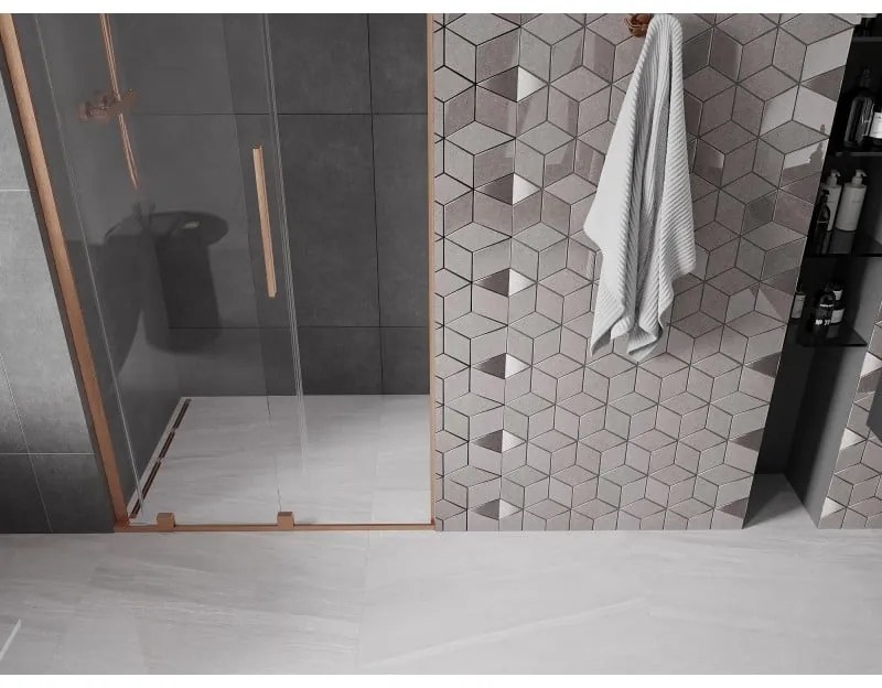 Mexen Velar L, posuvné sprchové dveře do otvoru 110 cm, 8mm čiré sklo, měděná matná, 871-110-003-01-65