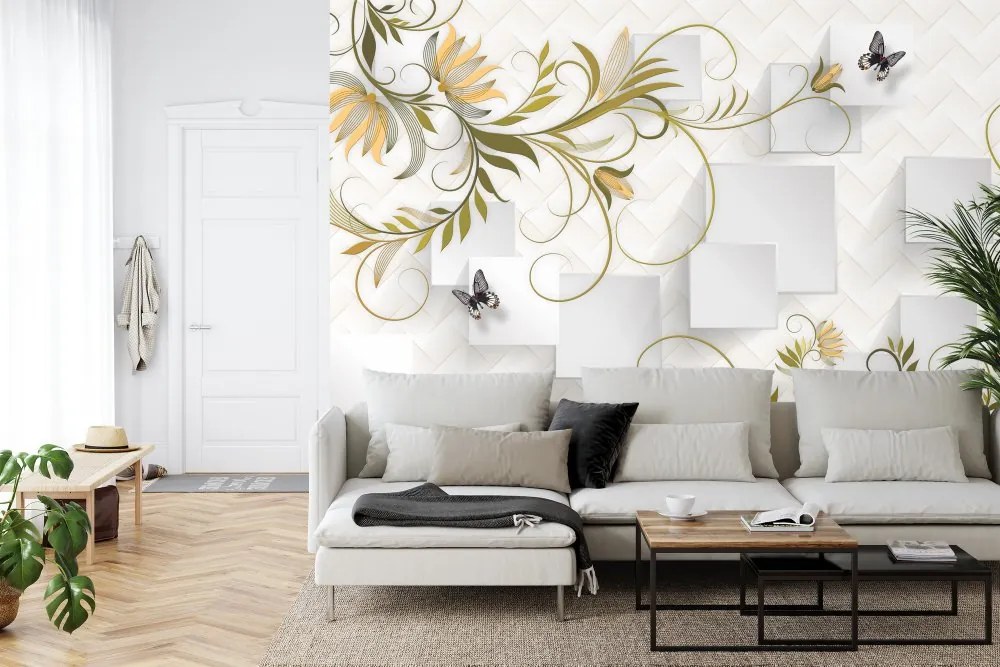 Fototapeta Abstract Floral And Butterfly Background With Frame For 3D Living Room Bedroom Tv 3D Wallpaper Home Decoration Mural Wallpaper For Walls Omyvatelný vlies 368x280