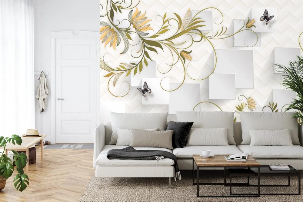 Fototapeta Abstract Floral And Butterfly Background With Frame For 3D Living Room Bedroom Tv 3D Wallpaper Home Decoration Mural Wallpaper For Walls Strukturální vinyl 104x70.5