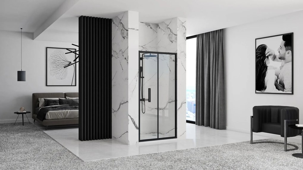 Zalamovací sprchové dveře REA RAPID FOLD 80 cm pro instalaci do niky, černé/transparent - bez vaničky