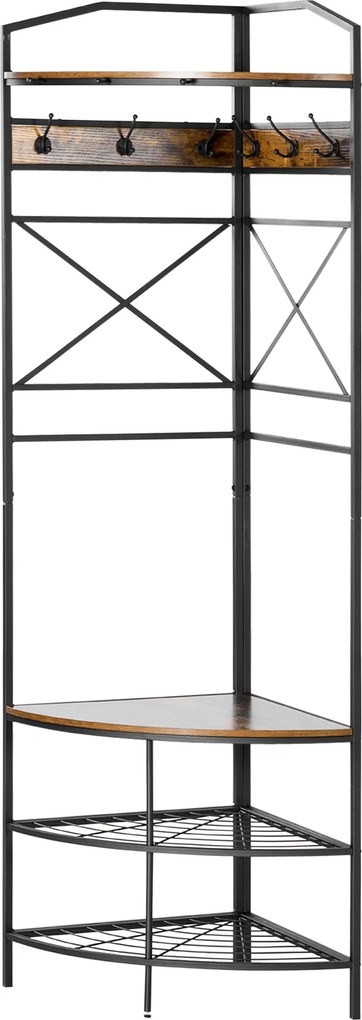 HOMCOM Volně stojící věšák na kabáty s háčky, rohový věšák do předsíně s lavicí a regálem na boty, industriální styl, 50x50x183cm, rustikální hnědá |