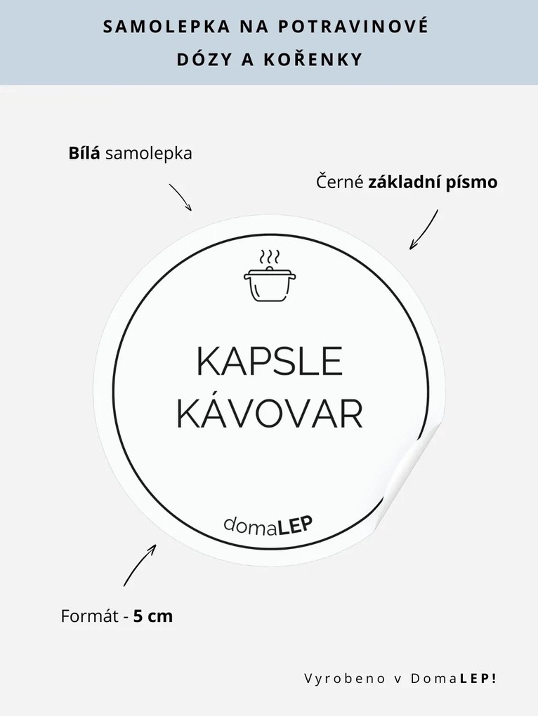 KAPSLE KÁVOVAR – bílá samolepka na dózu, základní písmo, 5 cm | DomaLEP