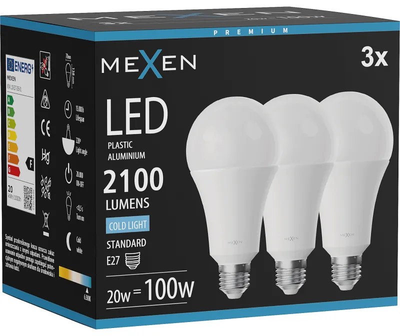 Mexen Nova 3x LED žárovka E27, A70, 20W, Studená - 6500K, 2100 lm - L100-E27-2065-01x03