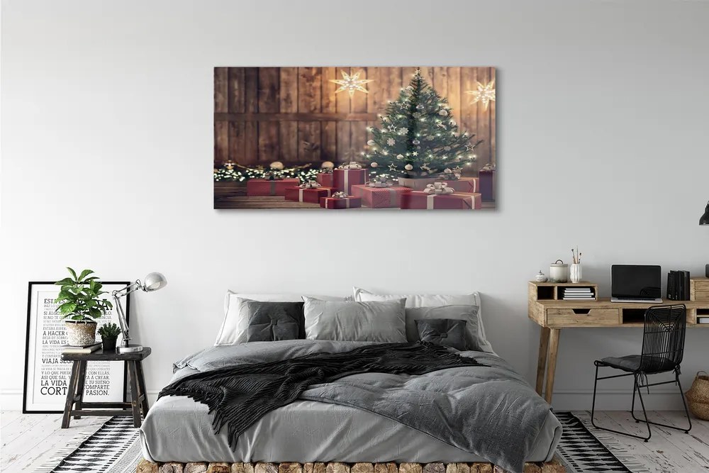 akrylový obraz Dárky Vánoční strom dekorace desky 140x70 cm