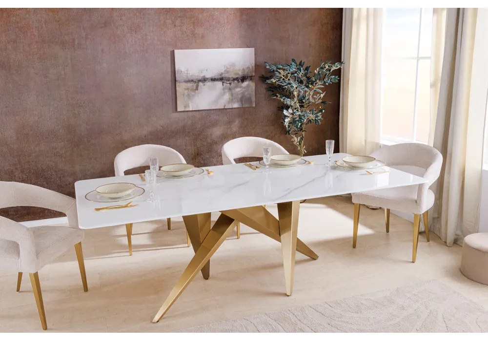 Massive home | Jídelní stůl ART MARBLE 200 cm - keramická deska z bílého mramor/ zlatá/šampaňské