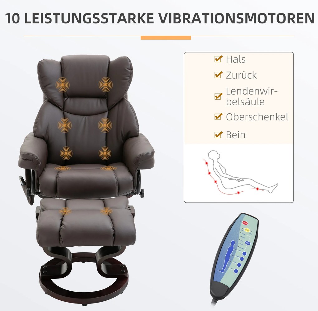 HOMCOM polohovatelné masážní křeslo s podnožkou a funkcí polohování, imitace kůže, hnědá 79x82x101 cm, pohodlné pro relaxaci a wellness