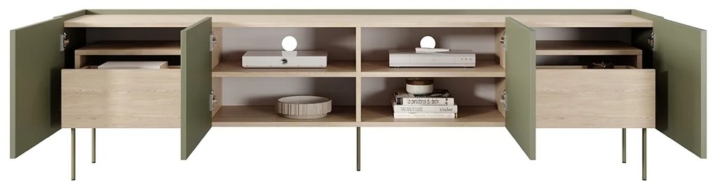 TV stolek Desin 220 cm se dvěmi ukrytými zásuvkami - olivová / dub nagano