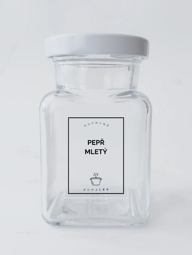 Samolepka na kořenky PEPŘ MLETÝ průhledná 3 × 4 cm tučné písmo