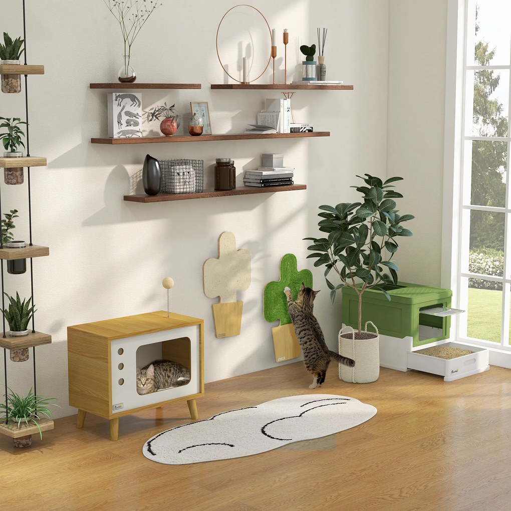 Škrabací rohož PawHut na zeď, sada 2 ks ve tvaru květináče z jutového provazu s háčky, design kaktusu, rohož pro kočky, bílá+zelená 30 x 60 cm | Aosom