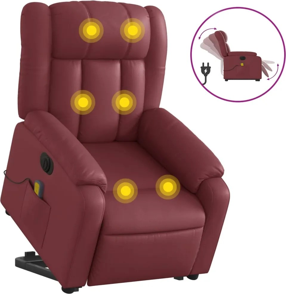 Elektrické zvedací masážní polohovací křeslo vínové umělá kůže 3205289