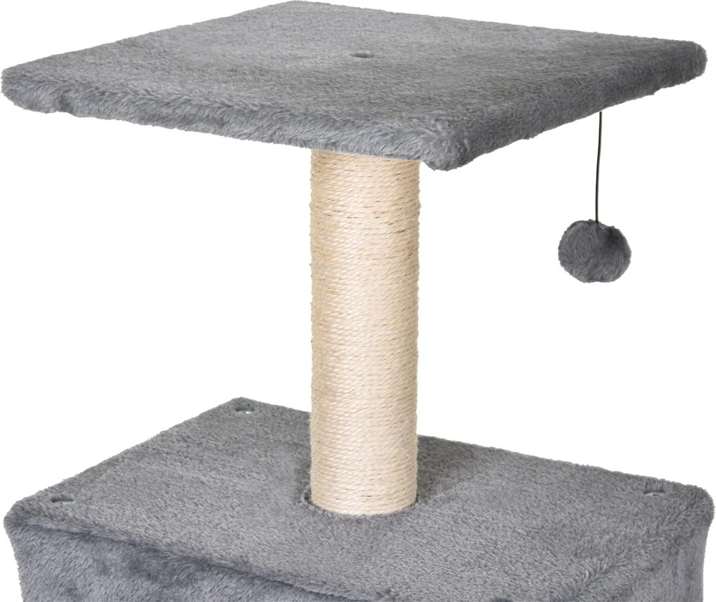 PawHut Škrábací strom s útulnou boudou, závěsnou postelí a 2 měkkými platformami v šedé barvě a sisalovém provazu 60x49x130cm