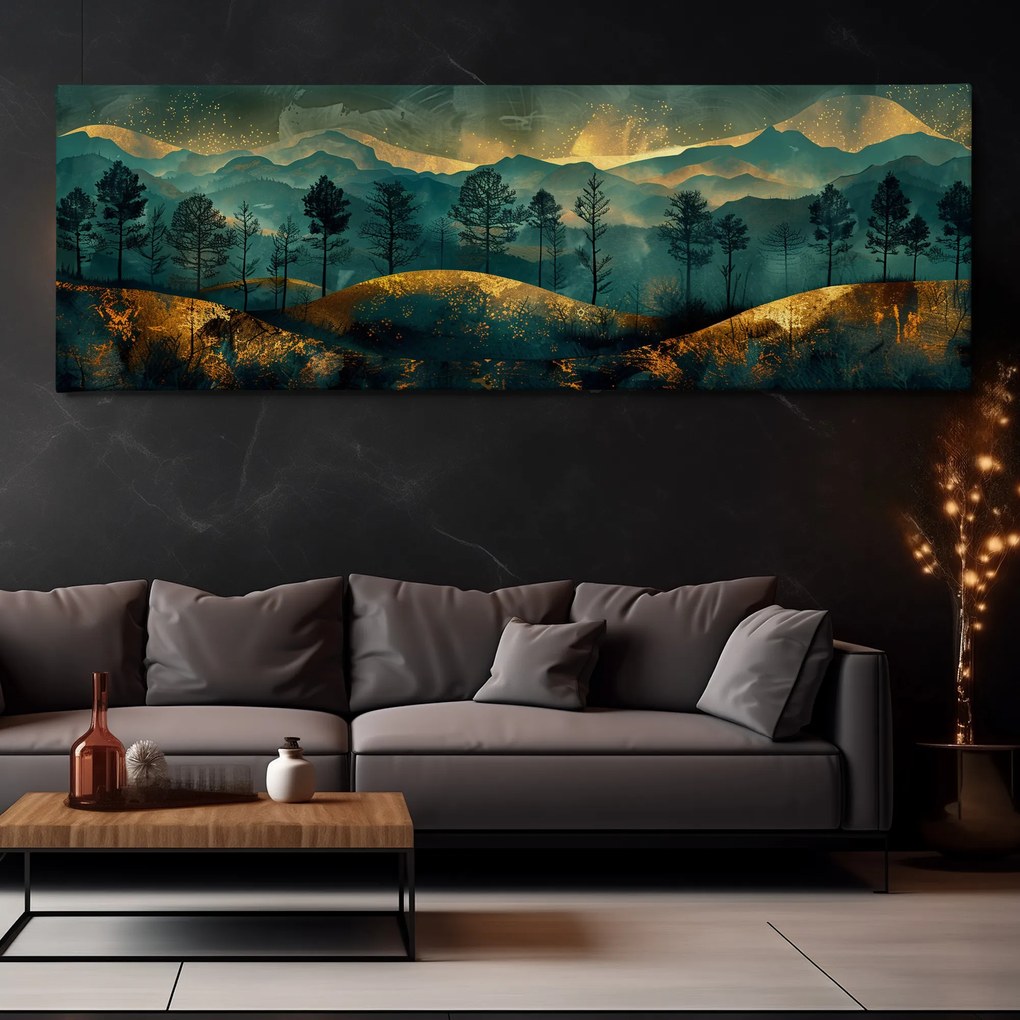 Obraz na plátně - Tmavé stromy ve zlatavých kopcích FeelHappy.cz Velikost obrazu: 150 x 50 cm