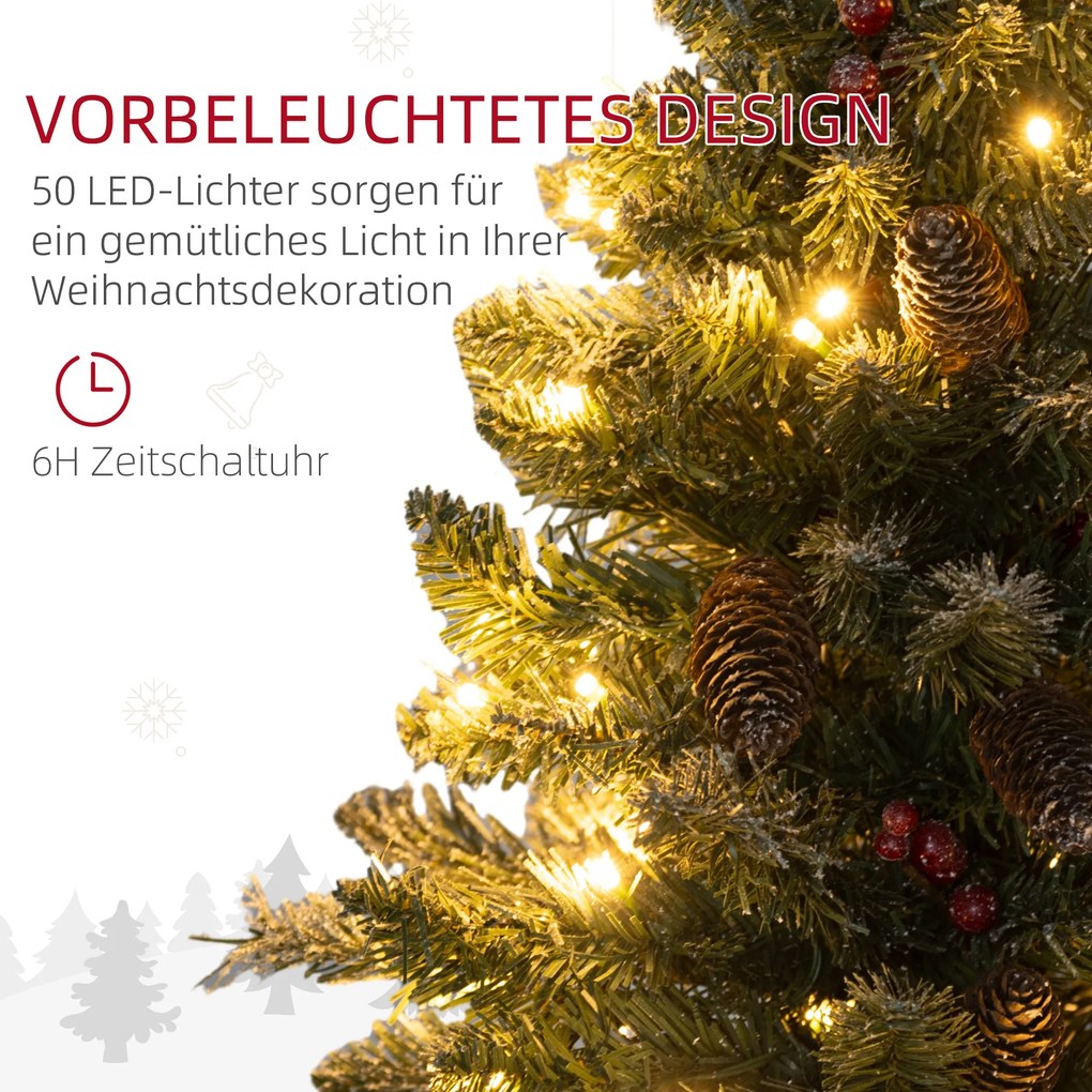 HOMCOM Vánoční stromeček s LED osvětlením, 60 cm, šišky a červené bobule, včetně stojanu, zelená/bílá