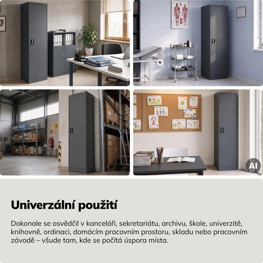 Kartotéková skříň na spisy uzamykatelná na klíč vysoká antracitová, 450x2200x400 mm: ALEX H2200