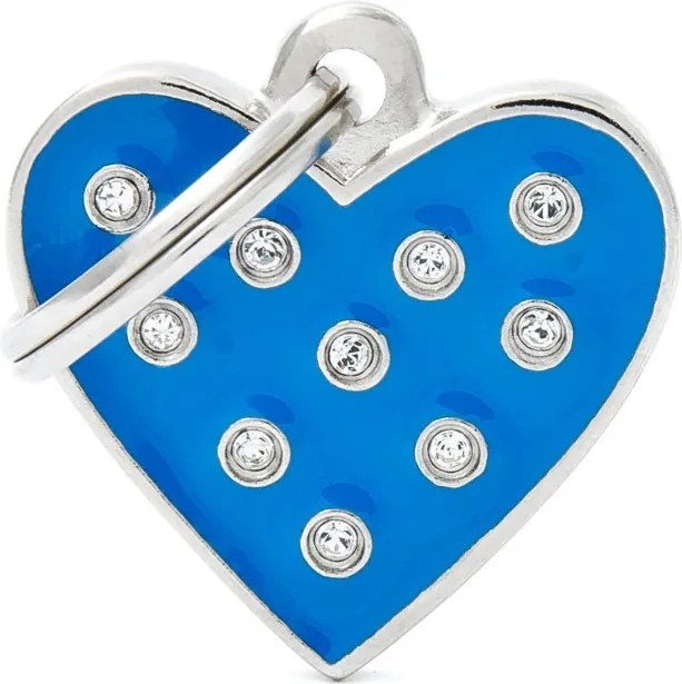 Známka pro psy a kočky MY FAMILY Modré srdce s kamínky Swarovski