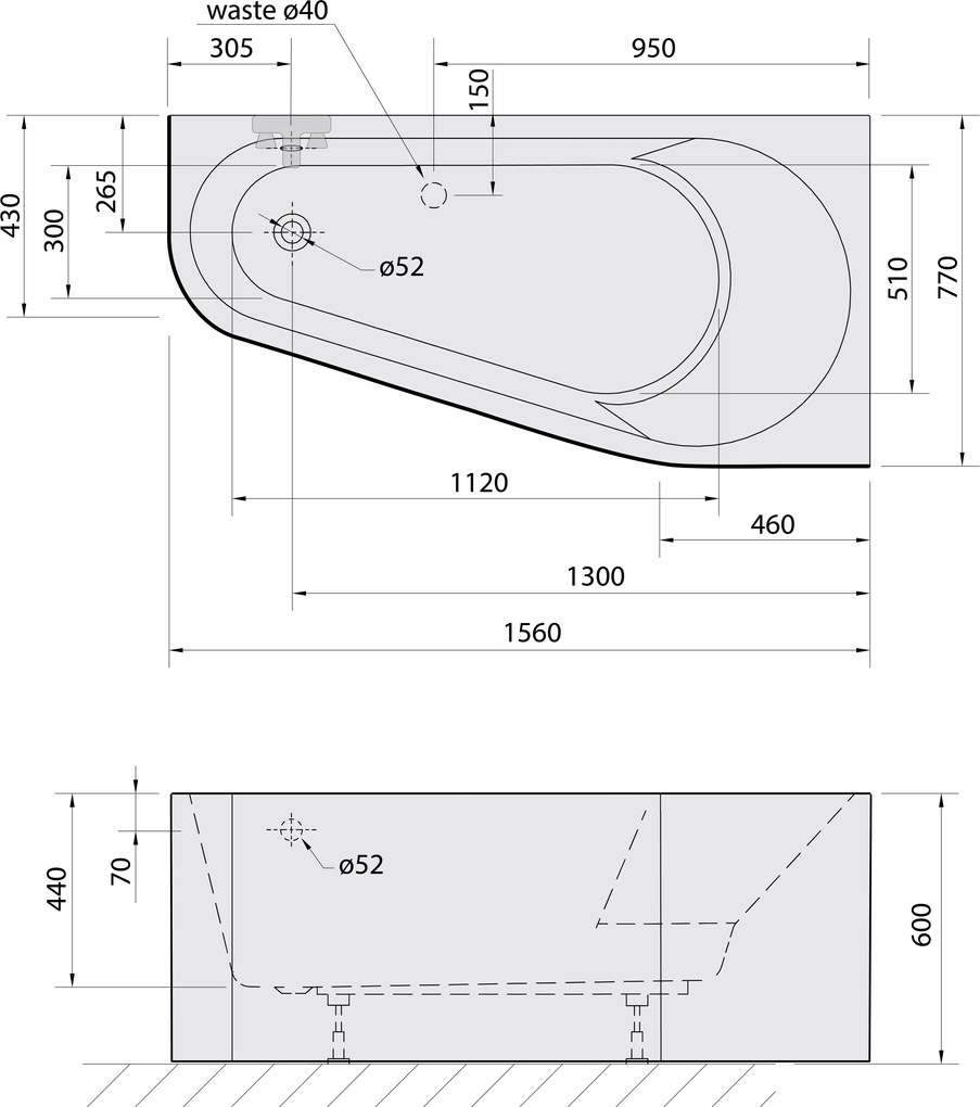Polysan PROJEKTA R MONOLITH rohová stojící vana 156 x 77 x 60 cm bílá 21111M