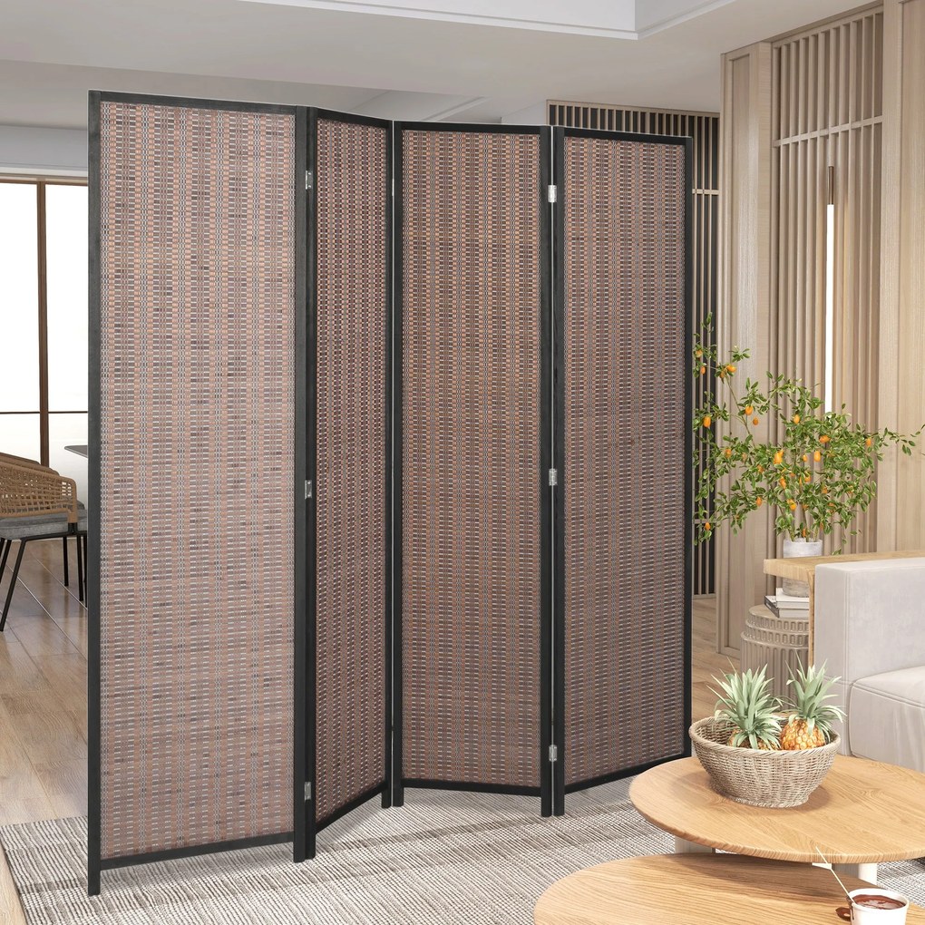 HOMCOM Dřevěný 4-panelový Předěl do Interiéru 180 x 180 cm Skládací Izolační Příčka pro Obývací Pokoj a Ložnici, Hnědá