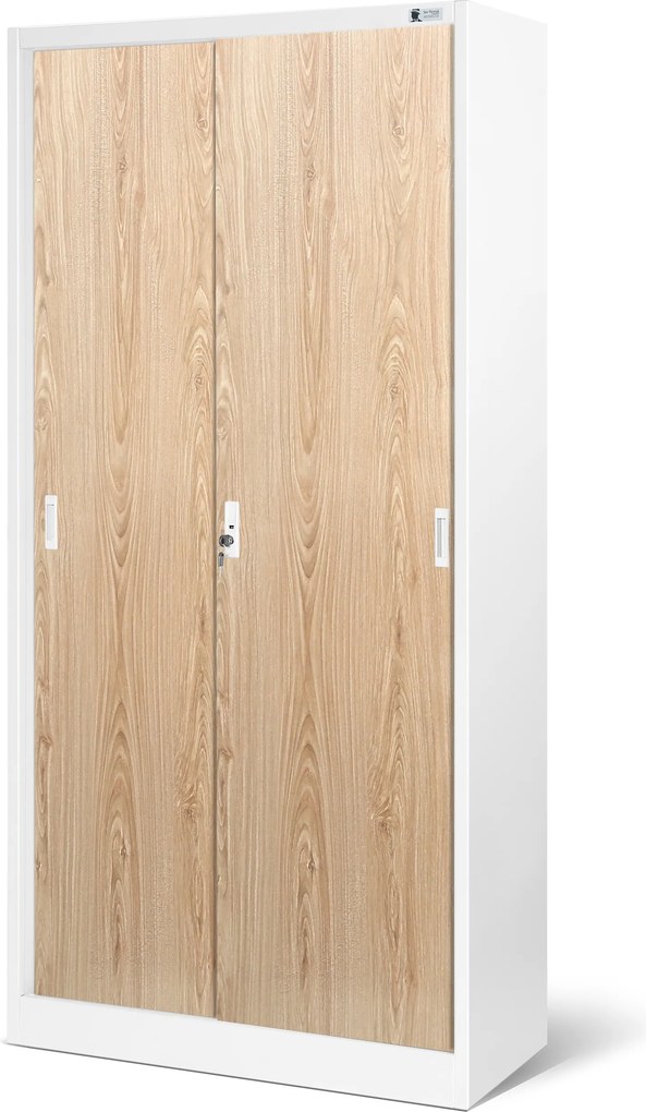 Kovová kancelářská skříň s posuvnými dveřmi, bílá/dub sonoma, 900x1850x400 mm: KUBA Eco Design