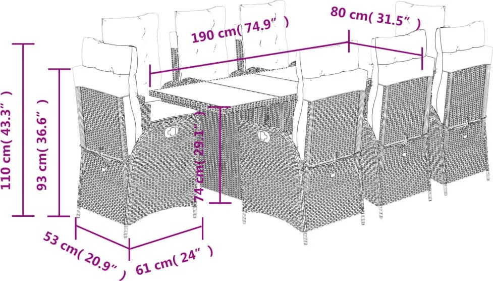 vidaXL 9dílný zahradní jídelní set s poduškami polyratan [3213129] Barva: Mix béžová