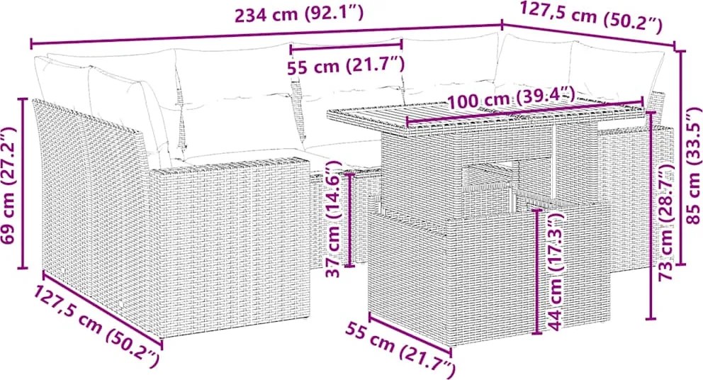 7dílná zahradní sedací souprava s poduškami béžová polyratan 3271212