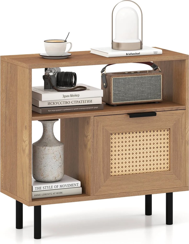Costway Boho ratanový noční stolek Accent s úložnou skříňkou a kovovými nohami