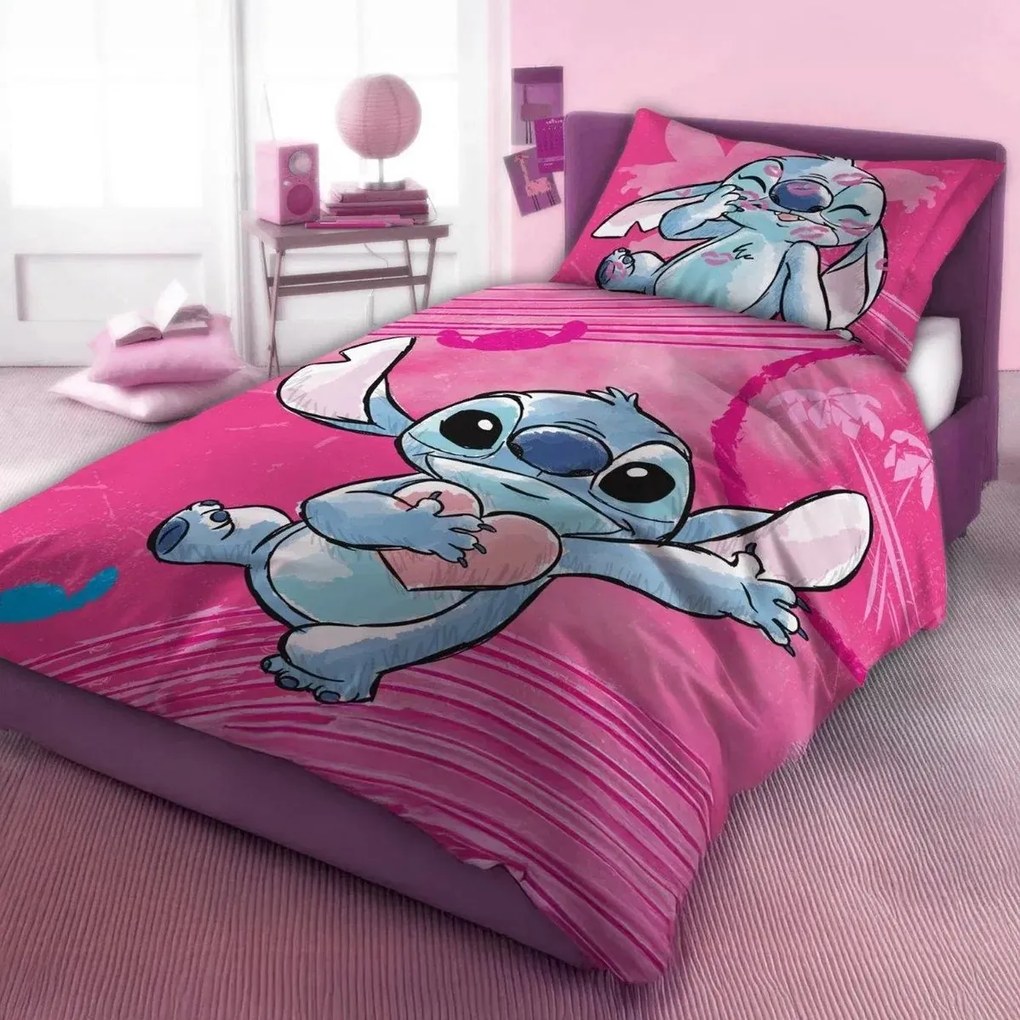 Bavlněné ložní povlečení Stitch v růžové barvě pro holky - 100% bavlna - 70 x 90 cm + 140 x 200 cm