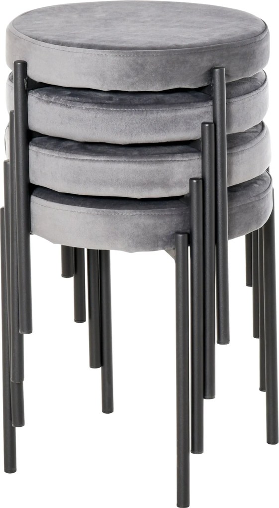 HOMCOM Set 4 stohovatelných jídelních židlí, kuchyňské barové židle s polstrovaným sedákem, sametový vzhled, kovová šedá 41,5 x 41,5 x 46 cm | Aosom