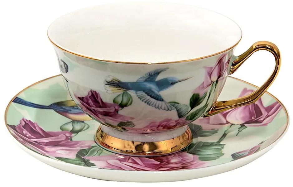 Porcelánový šálek s podšálkem s květy a ptáčky Pié - 12*10*6 cm / Ø 15*2 cm / 200 ml