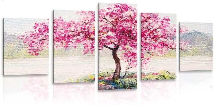 5-dílný obraz orientální třešeň v růžovém provedení - 200x100 cm