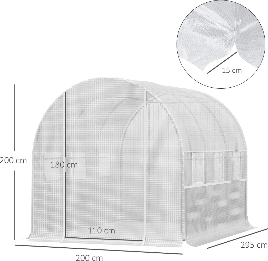 Fóliový skleník Outsunny 2,95x2x2m s rolovacími okny, UV ochrana a ochrana proti větru, ocelová konstrukce v bílé barvě