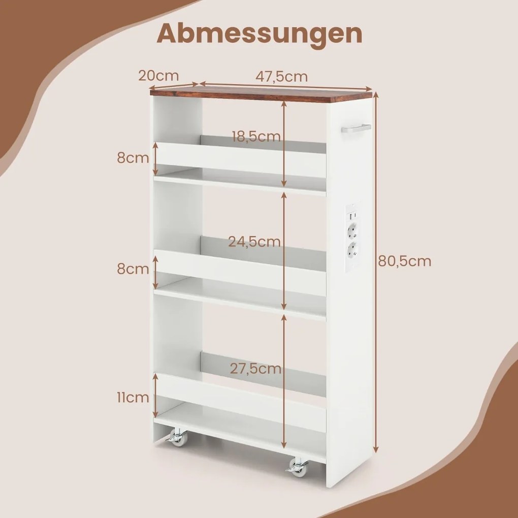 Costway 20 cm tenký úložný vozík s nabíjecí stanicí 4patrový