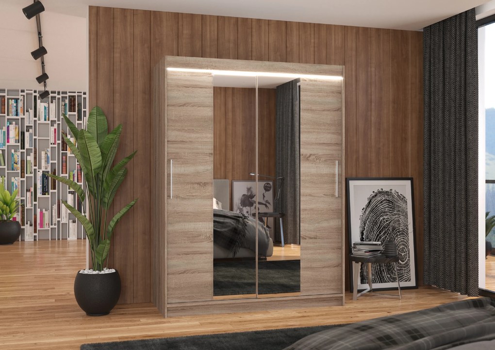 ADRK Furniture Posuvná skříň se zrcadlem a LED osvětlením INESS 150 ADRK-SW-INE-T-150+L