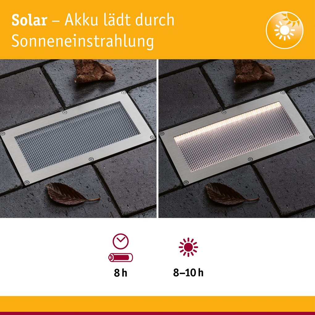 P 95744 Solární LED zemní svítidlo Sorea soumrakový senzor IP67 hranaté 200x100mm 3000K 0,3W 3,7V kov kartáčovaný ABS/polykarbonát/ocel - PAULMANN