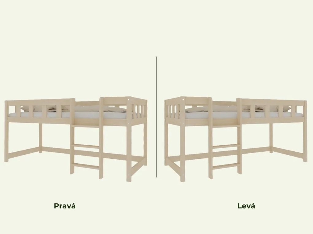 Benlemi Nízká vyvýšená postel PLOTTY s žebříkem 90x200 cm Zvolte barvu: Nelakovaná, Zvolte stranu: Vlevo, Zvolte variantu: Se závěsem