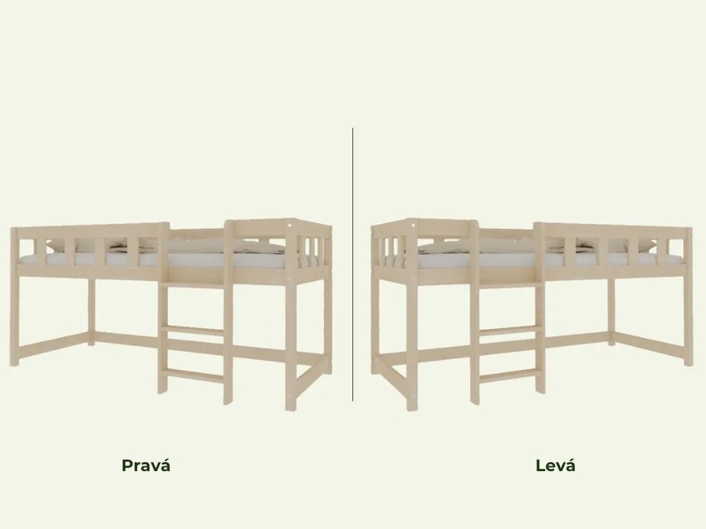 Benlemi Nízká vyvýšená postel PLOTTY s žebříkem 90x200 cm Zvolte barvu: Nelakovaná, Zvolte stranu: Vpravo, Zvolte variantu: Bez závěsu