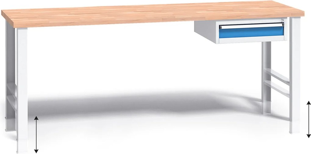 Výškově nastavitelný pracovní stůl do dílny G3 se závěsným boxem na nářadí, buková spárovka, 1 zásuvka, 2000 x 685 x 840 - 1050 mm, modrá