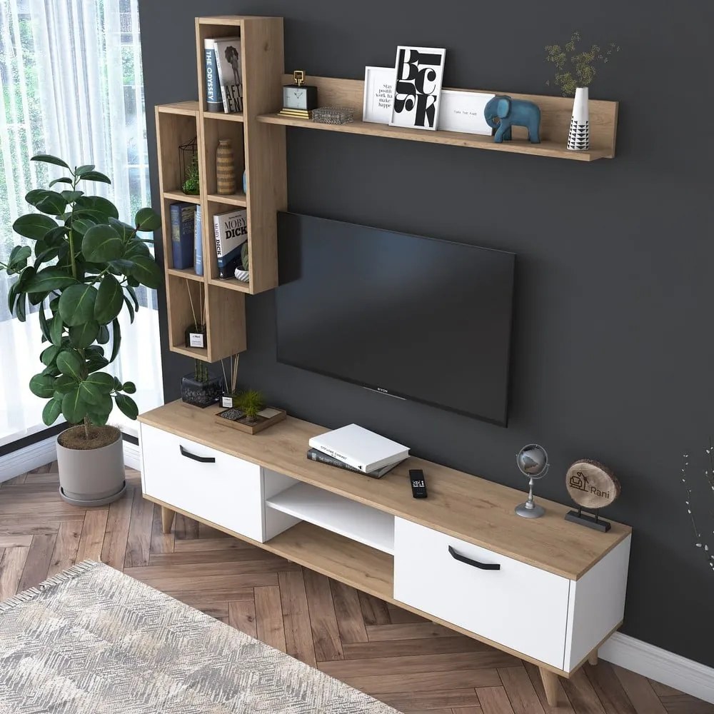 Bílo/přírodní TV sestava v dekoru ořechu 180x48 cm Veronica – Kalune Design