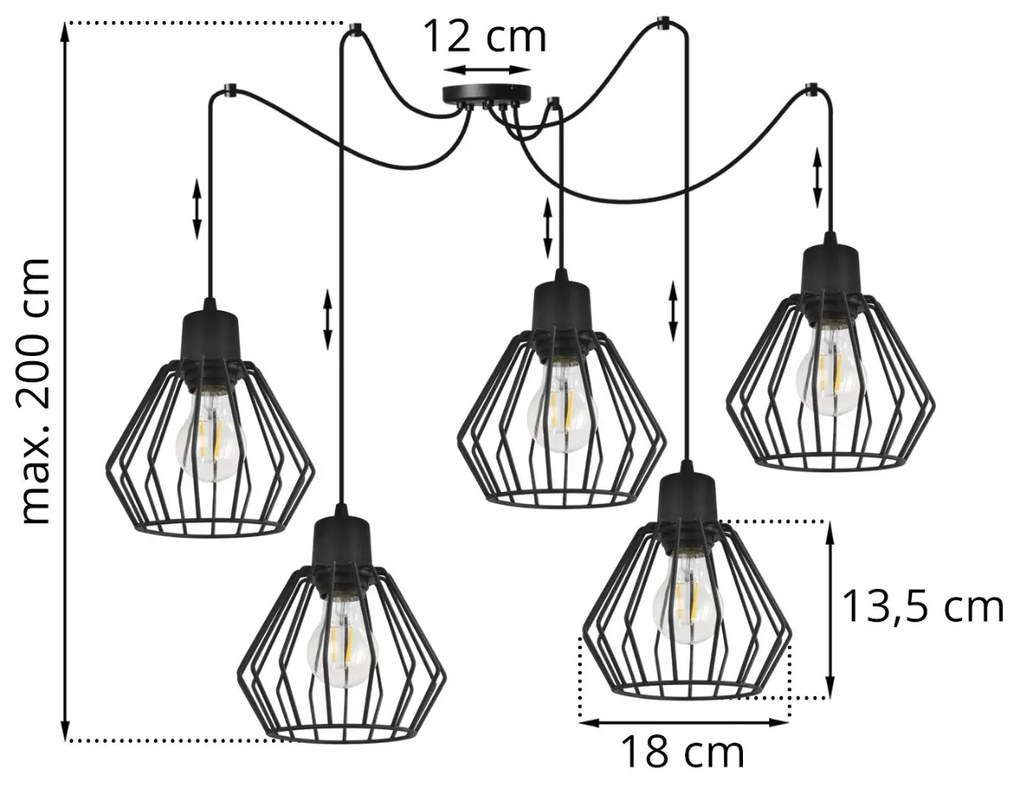 Závěsné svítidlo NUVOLA SPIDER 2, 5x černé drátěné stínítko