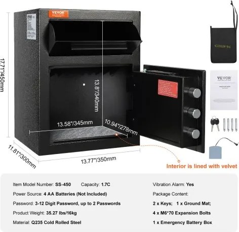 1.7 C Depository Safe Deposit Safe s hesly a klíči Drop Slot